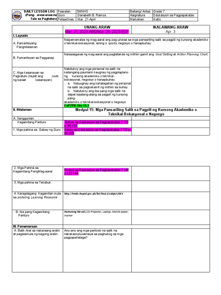 4th Qtr-Week 7 - Esp7-Pansarilik Salik | PDF