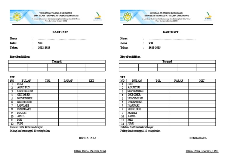 Template Kartu Pembayaran SPP Sekolah | PDF