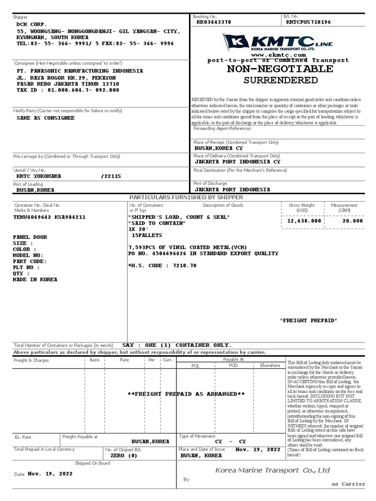 Kmtcpus710196 Sur | PDF | Cargo | Bill Of Lading