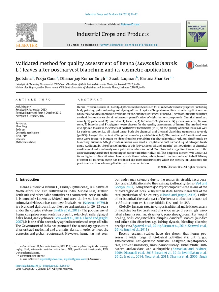 Validated Method For Quality Assessment of Henna (Lawsonia Inermis L ... Validated Method For Quality Assessment of Henna (Lawsonia Inermis L ...