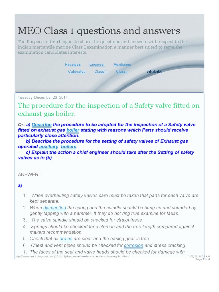 MEO Class 1 Questions and Answers - The Procedure For The Inspection of A Safety | PDF | Valve ...