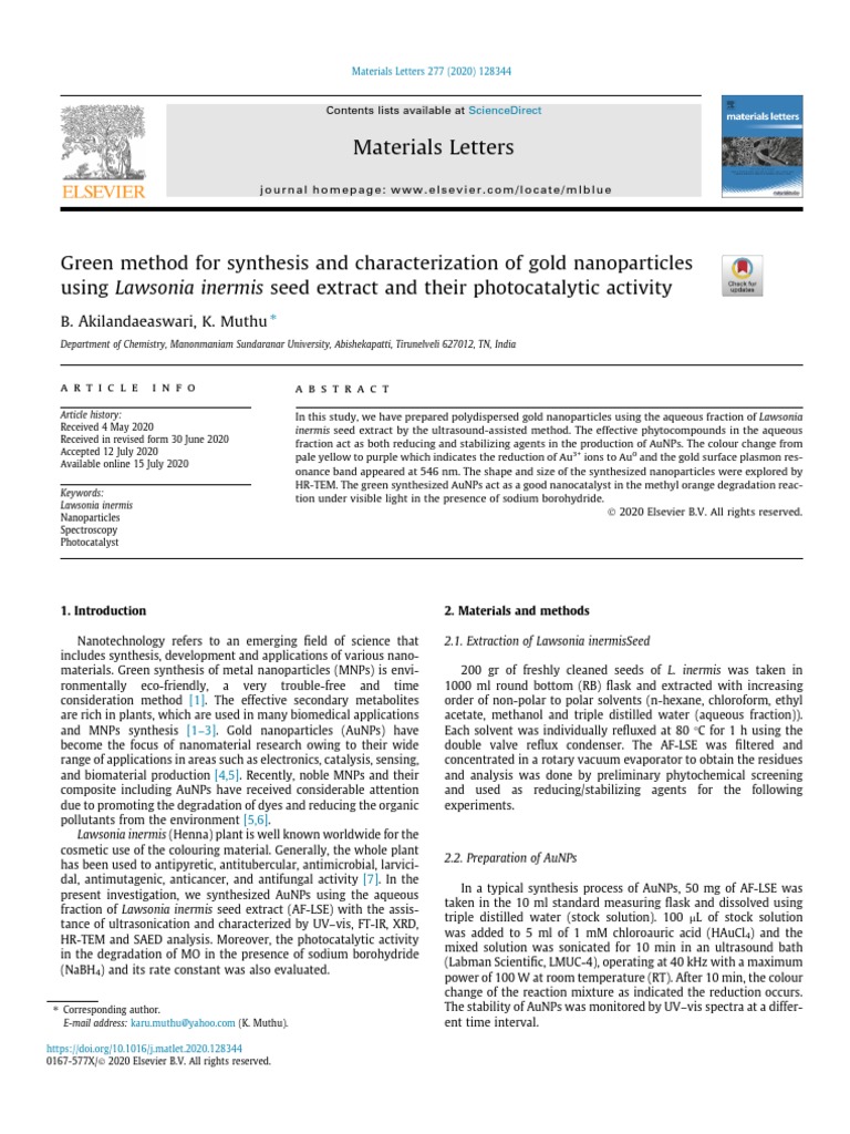 Green Method For Synthesis and Characterization of Gold Nanoparticles Using Lawsonia Inermis ...