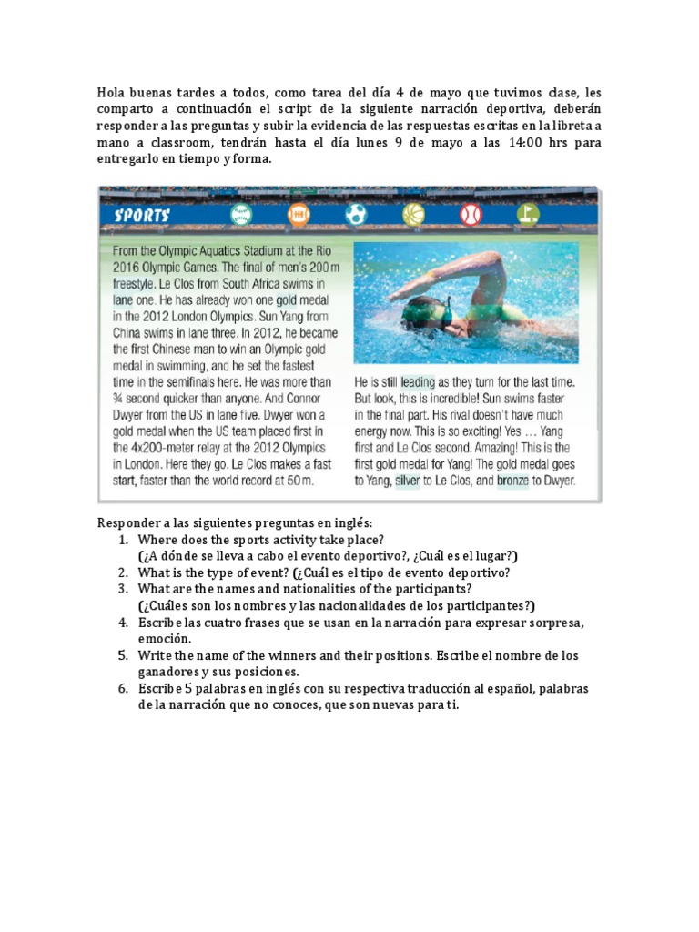 Sports Narration Homework 1 6th Grade | PDF