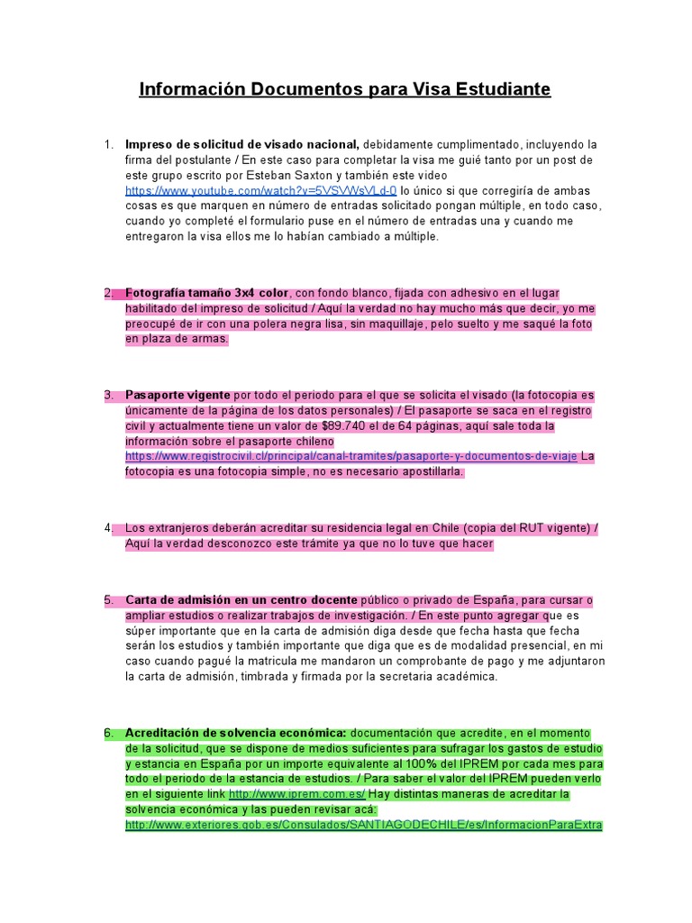 Información Documentos para Visa Estudiante | PDF