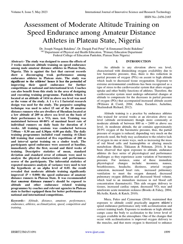 Assessment of Moderate Altitude Training On Speed Endurance Among ...