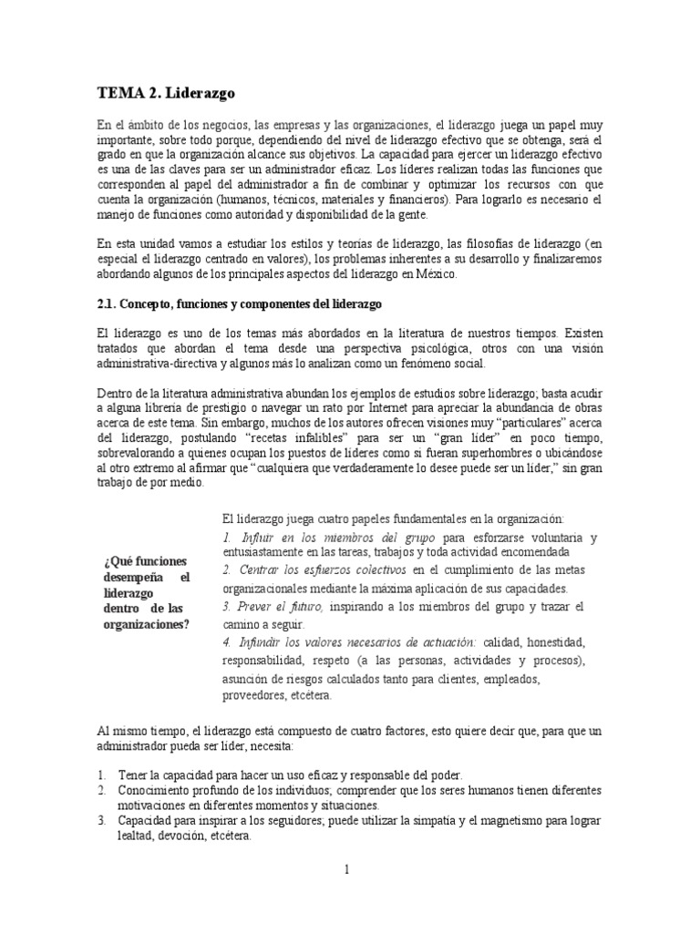 Tema 2 - Liderazgo | PDF | Liderazgo | Comportamiento
