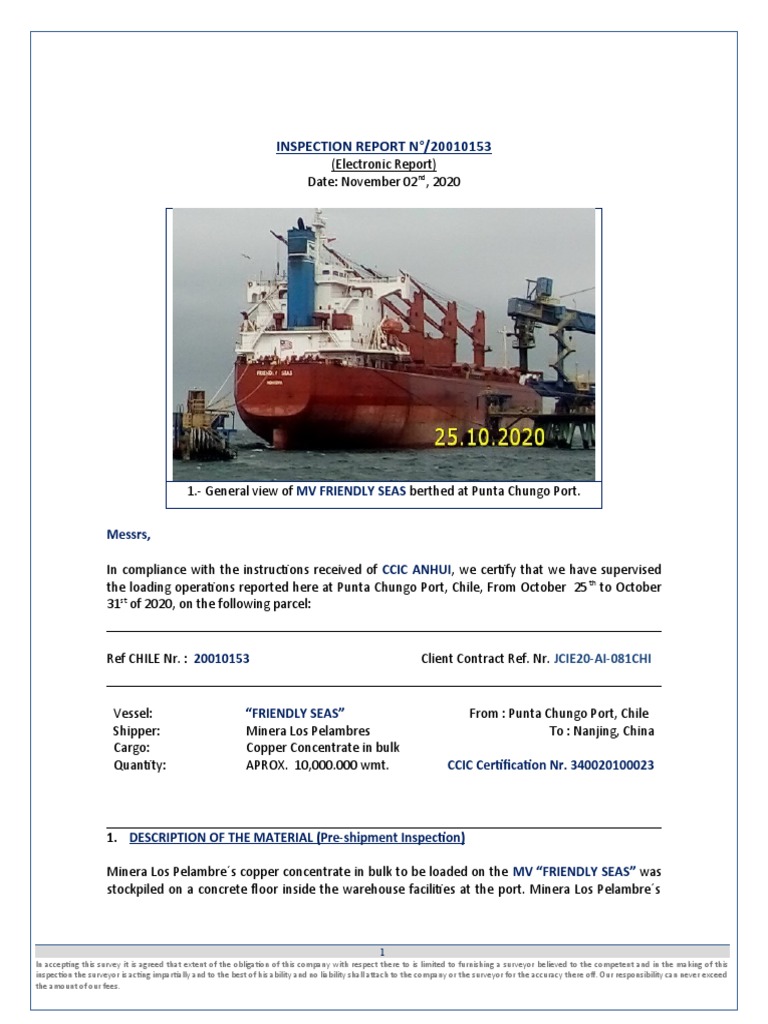 Mv Friendly Seas - Inpection Report - Ccic Anhui - Punta Chungo ...