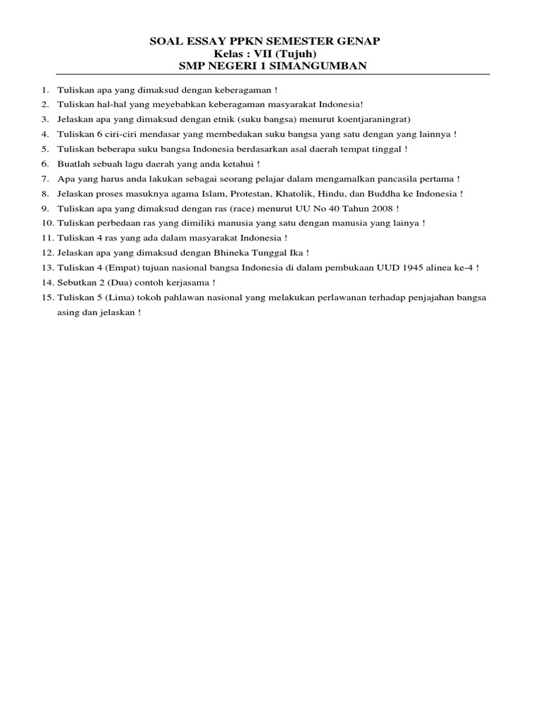 Soal Essay PPKn Kelas 7 Semester Genap | PDF | Seni & Disiplin Bahasa