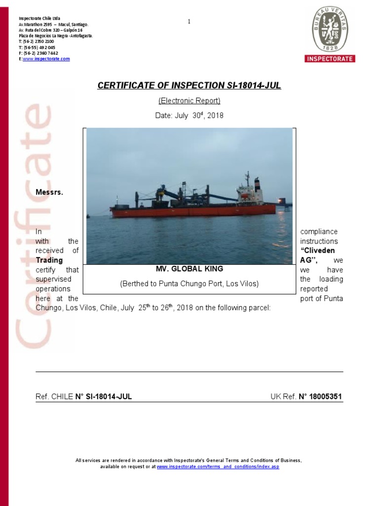 Inspection Certificate: MV Global King | PDF