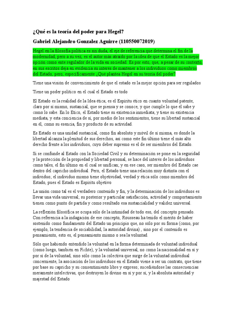 Qué Es La Teoría Del Poder Para Hegel | PDF | Georg Wilhelm Friedrich Hegel | Estado (política)