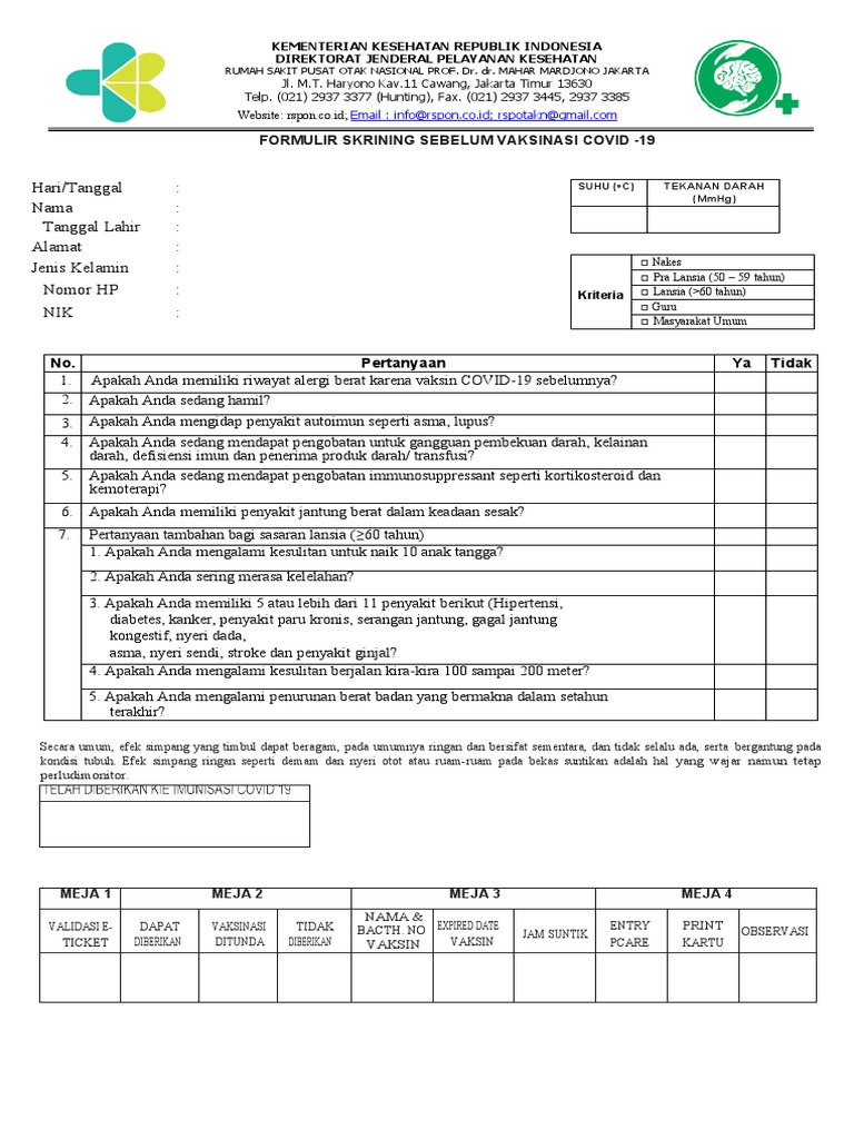Form Skrining Vaksinasi Covid-19 Juni Edited | PDF