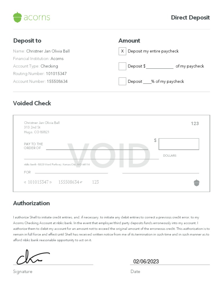 Acorns Direct Deposit Form-2023!02!06 | PDF