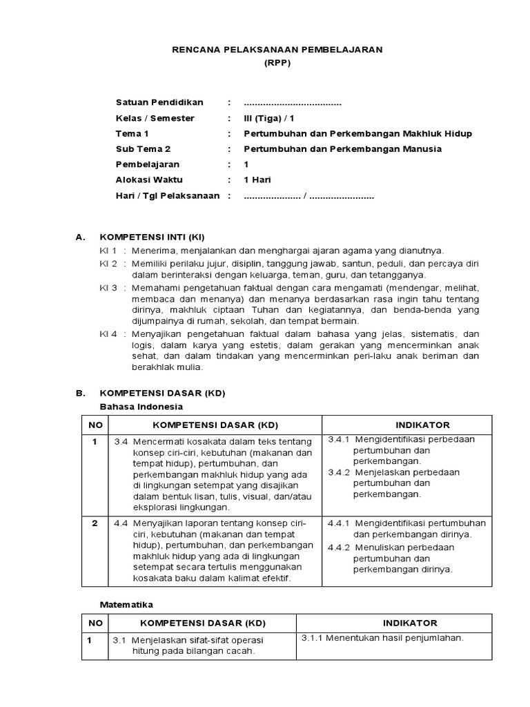 RPP K3 Tema 1 ST 2 Rev. 2018 | PDF