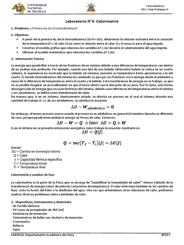 Lab. N°3 CALORIMETRÍA | PDF | Calor | Termodinámica