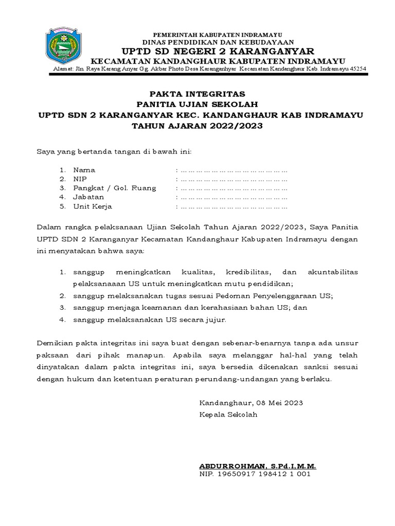 Contoh Pakta Integritas Panitia US | PDF