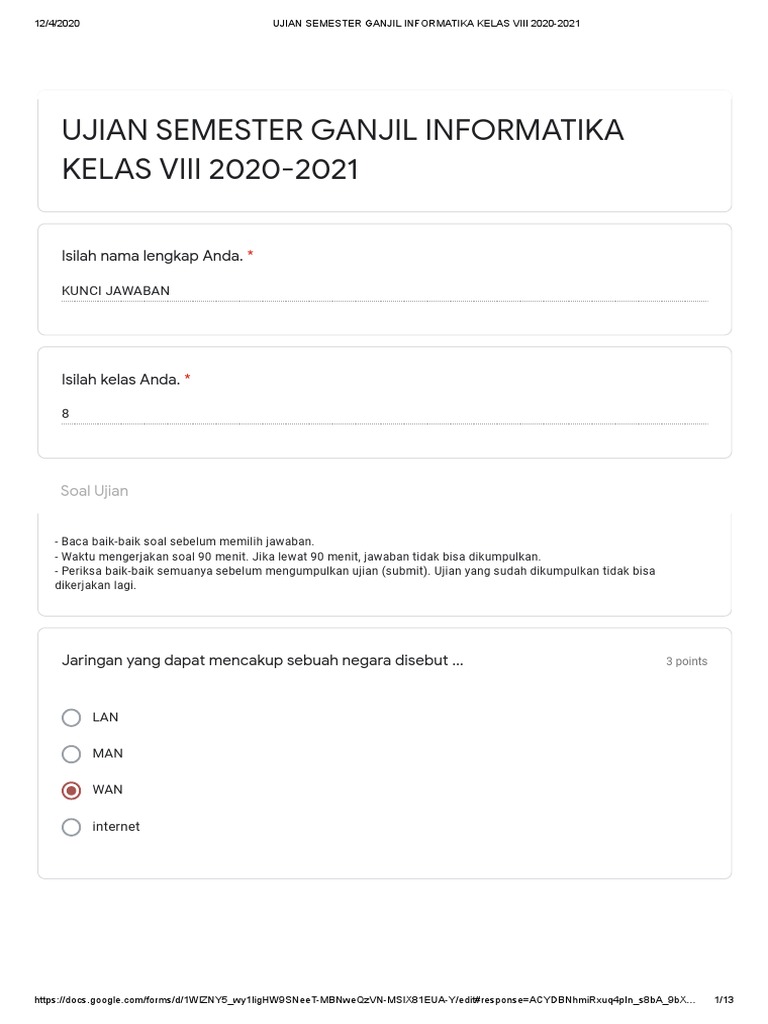 KUNCI JAWABAN KELAS 8 UJIAN SEMESTER INFORMATIKA GANJIL 2020-2021 - Google Forms | PDF