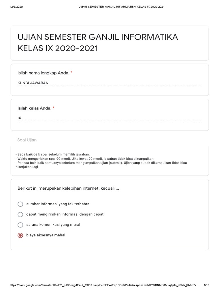 Ujian Informatika Kelas IX 2020-2021 | PDF