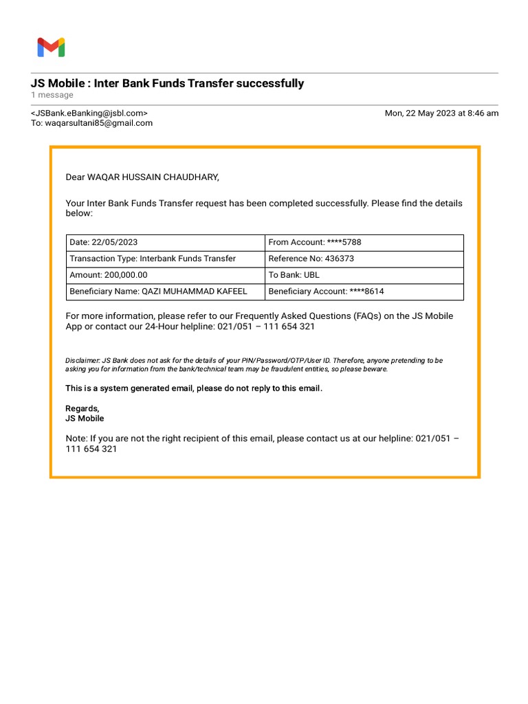Successful Inter Bank Transfer Confirmation | PDF