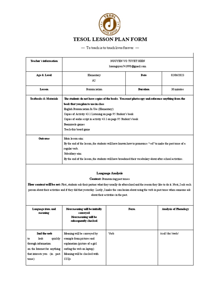 Tesol Lesson Plan Form | PDF