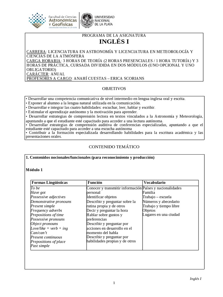 Programa Ingles I | PDF | Comprensión lectora | Lingüística