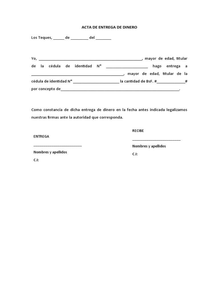 Modelo Acta de Entrega de Dinero1 | PDF