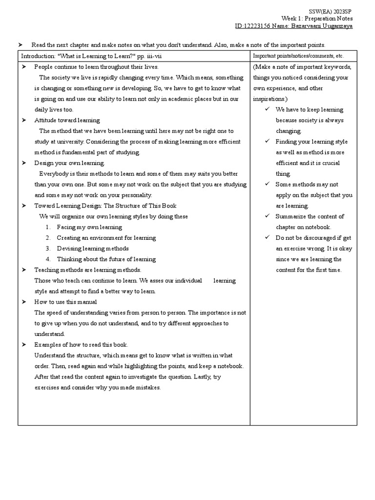 SSW Wk1 Assingment Sheet 2 | Download Free PDF | Learning | Experience