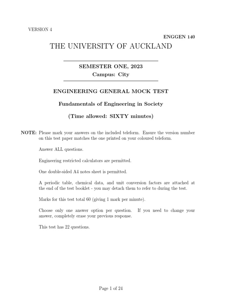 ENGGEN 140 2023 S1 - Mock Test 2 Solutions | PDF | Mole (Unit) | Ion