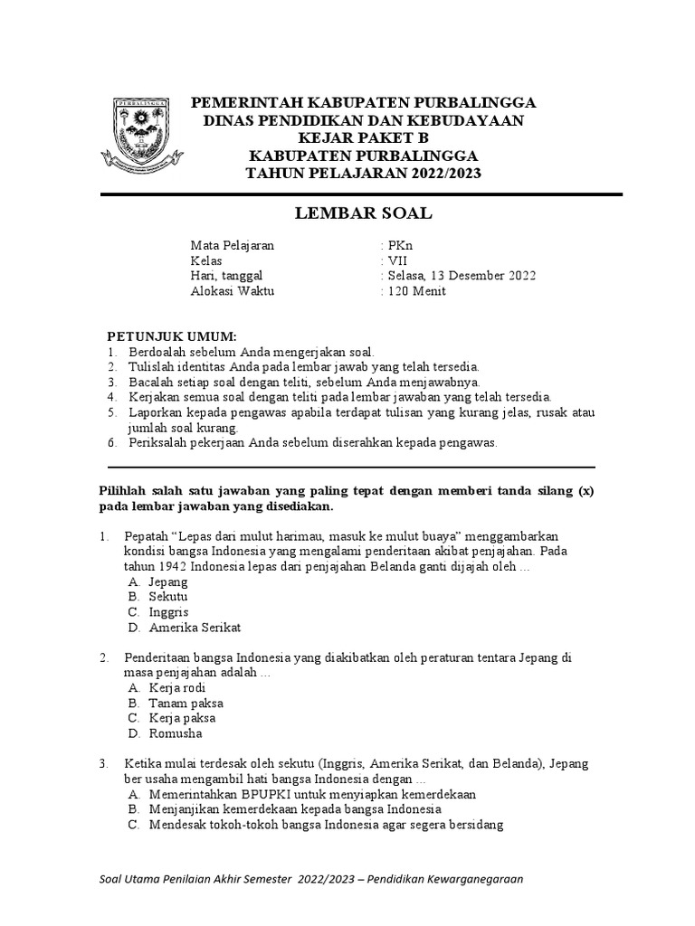 LEMBAR SOAL (PKN) 7 - PAKET B Ok | PDF
