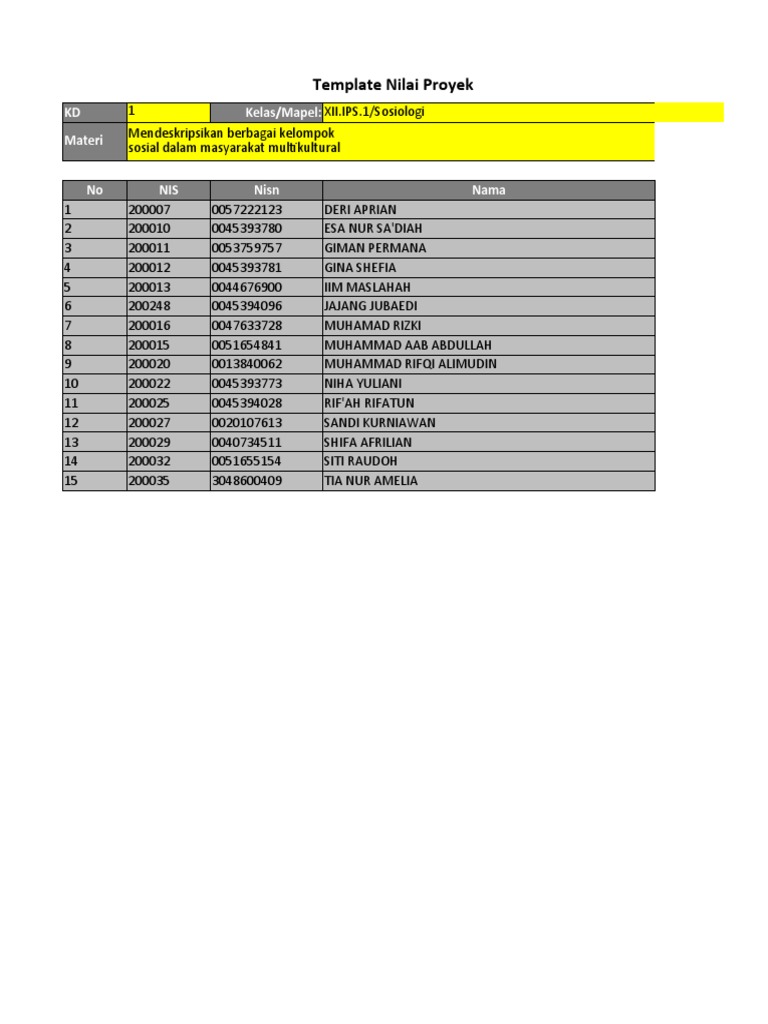 Template Nilai Proyek XII - Ips.1 Sosiologi | PDF