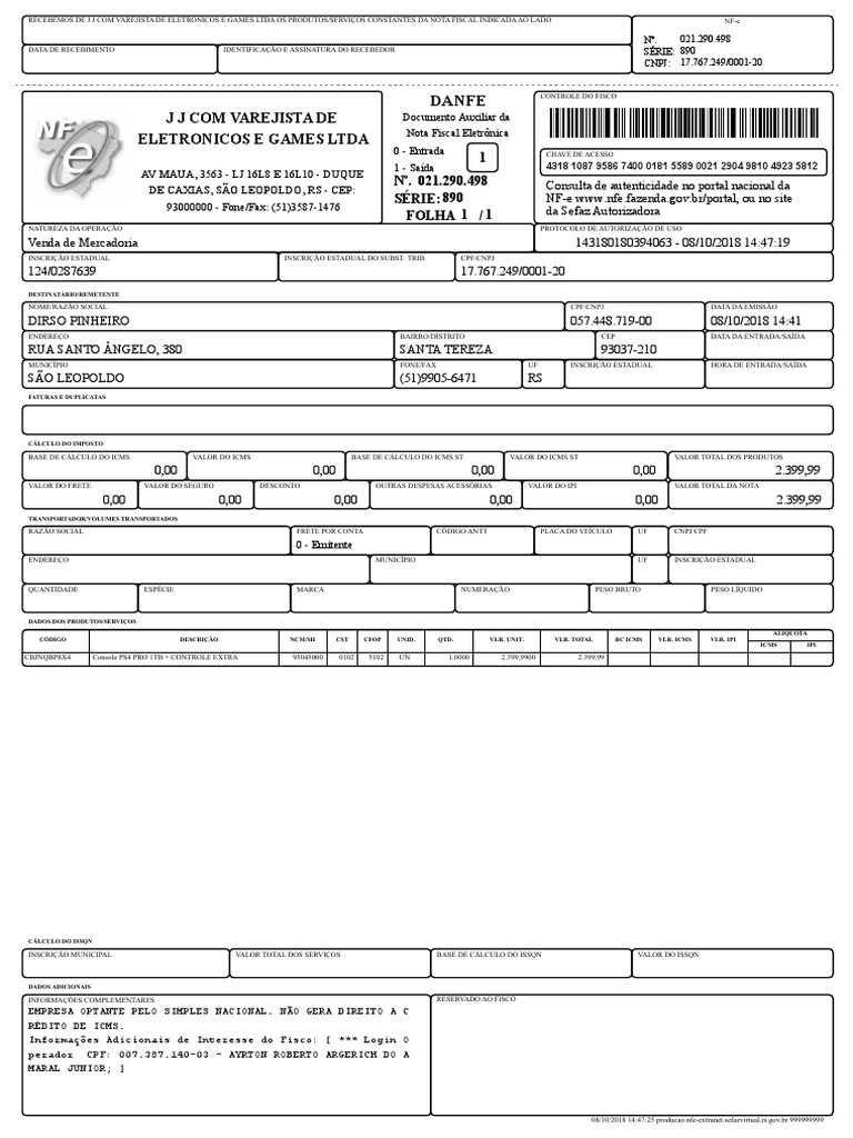 Ps4 Pro Dirso NF | PDF | Recibo | Documentos empresariais