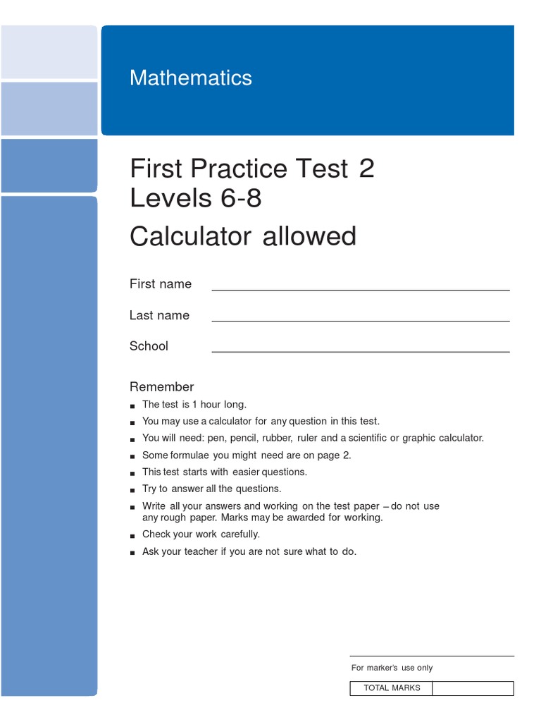 1st Practice Test 2 Levels 6-8 - With Calculator (439kB) | PDF ...