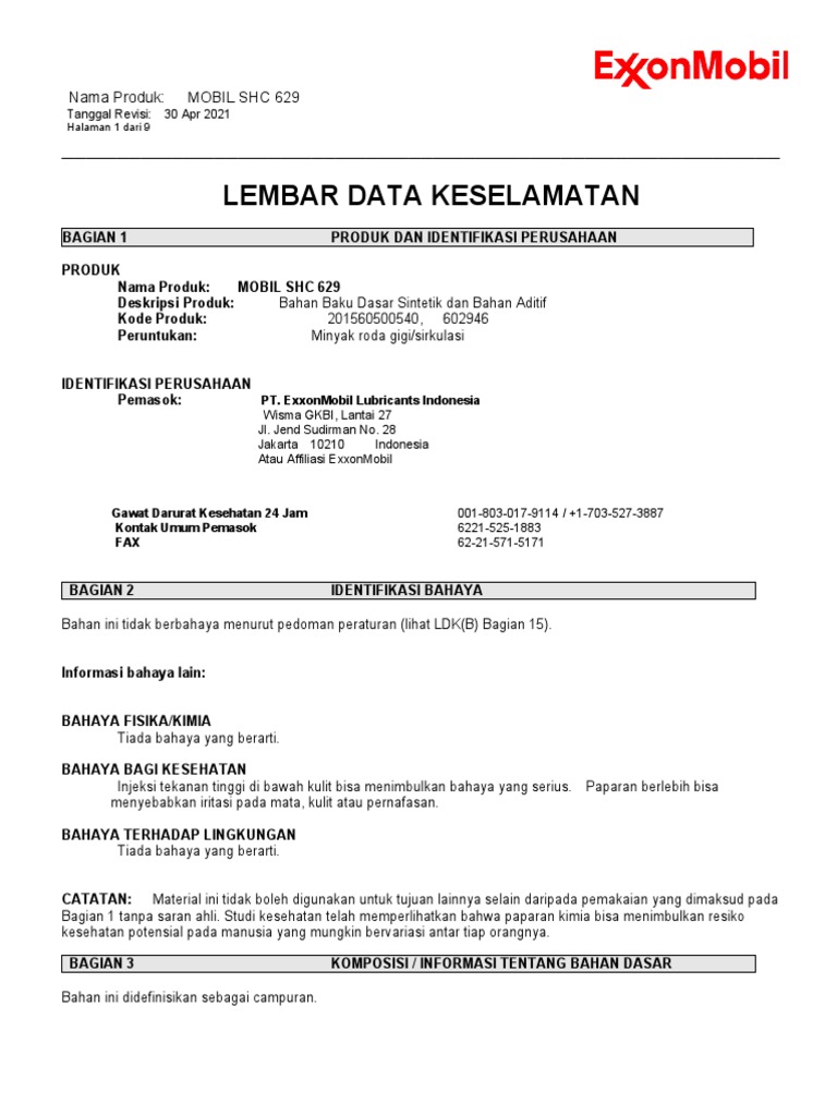 MSDS - Mobil SHC 629 | PDF