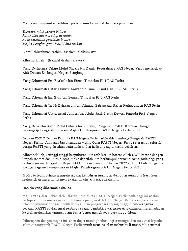 Teks MC Hari Penghargaan Pasti 2021 | PDF