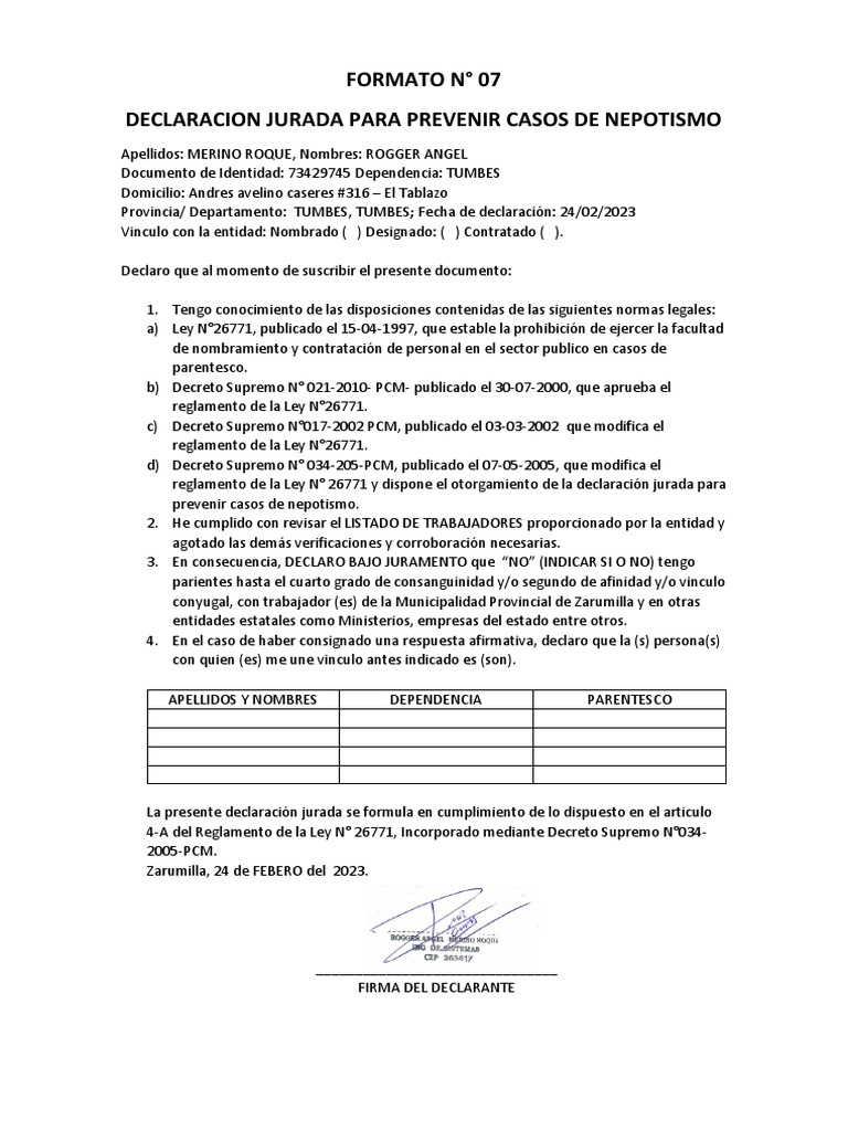 Formato N°07 Nepotismo | PDF