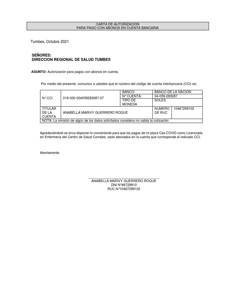 Carta de Autorizacion Abonos Cci - Ana | PDF