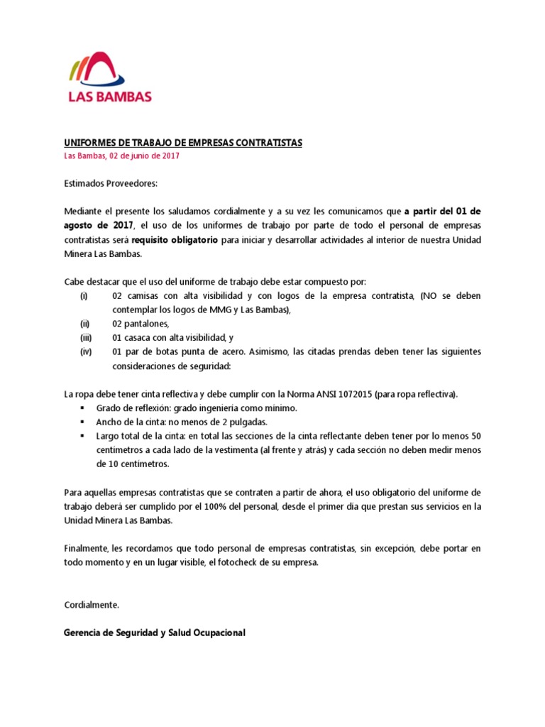 Comunicado Uniformes de Trabajo de Empresas Contratistas | PDF