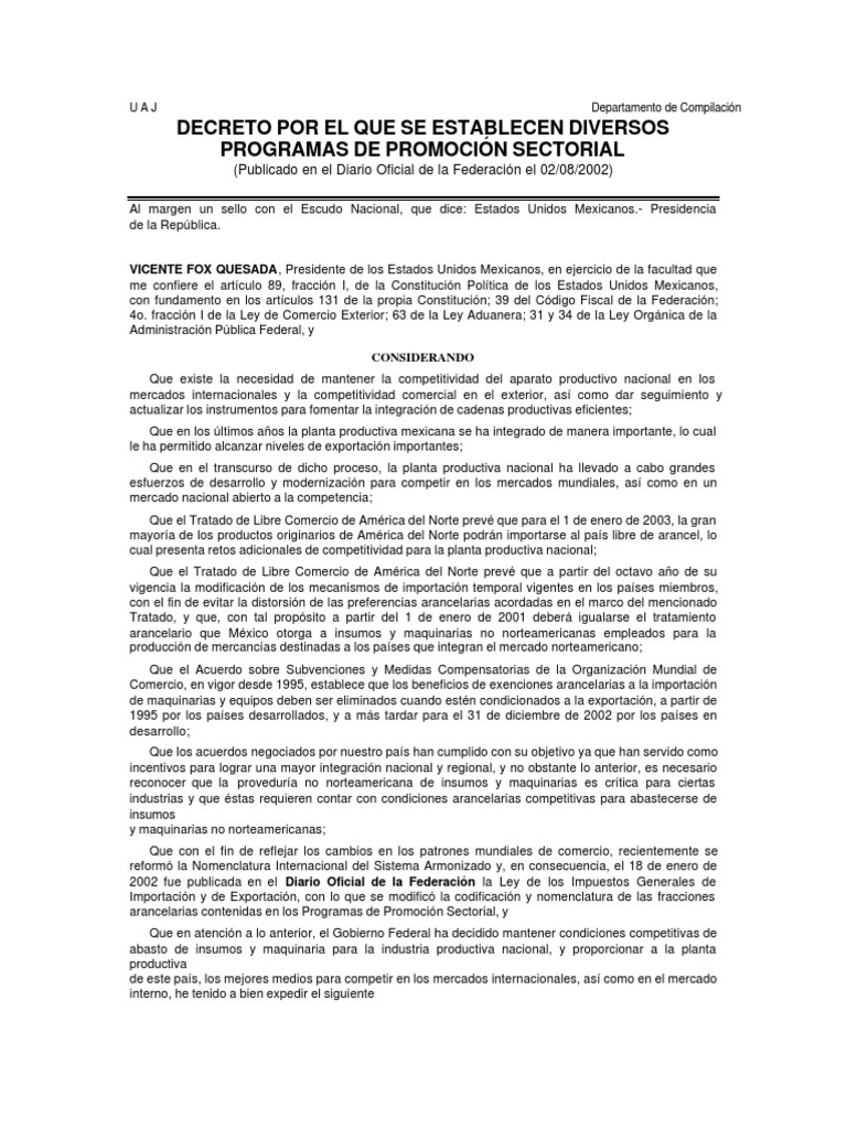 Decreto Por El Que Se Establecen Diversos Programas de Promoción ...