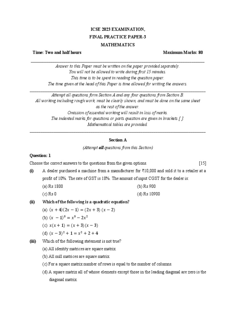 ICSE Final Practice Paper-3-1 | PDF | Matrix (Mathematics) | Sphere