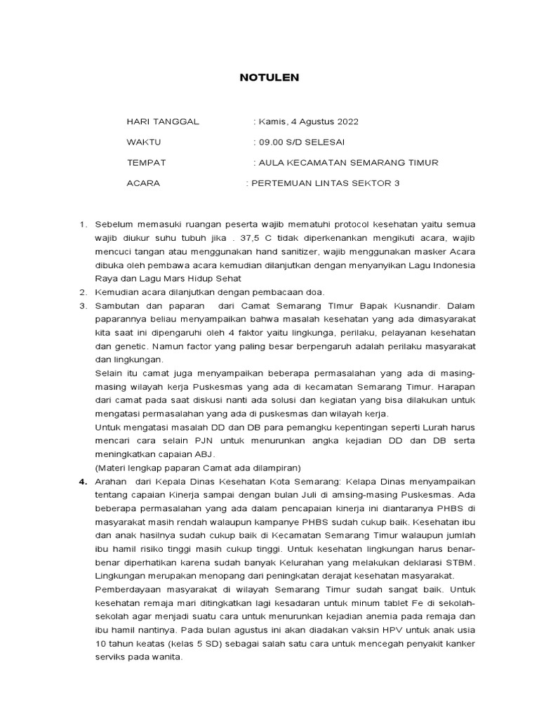 Notulen Pertemuan Lintas Sektor Kesehatan | PDF