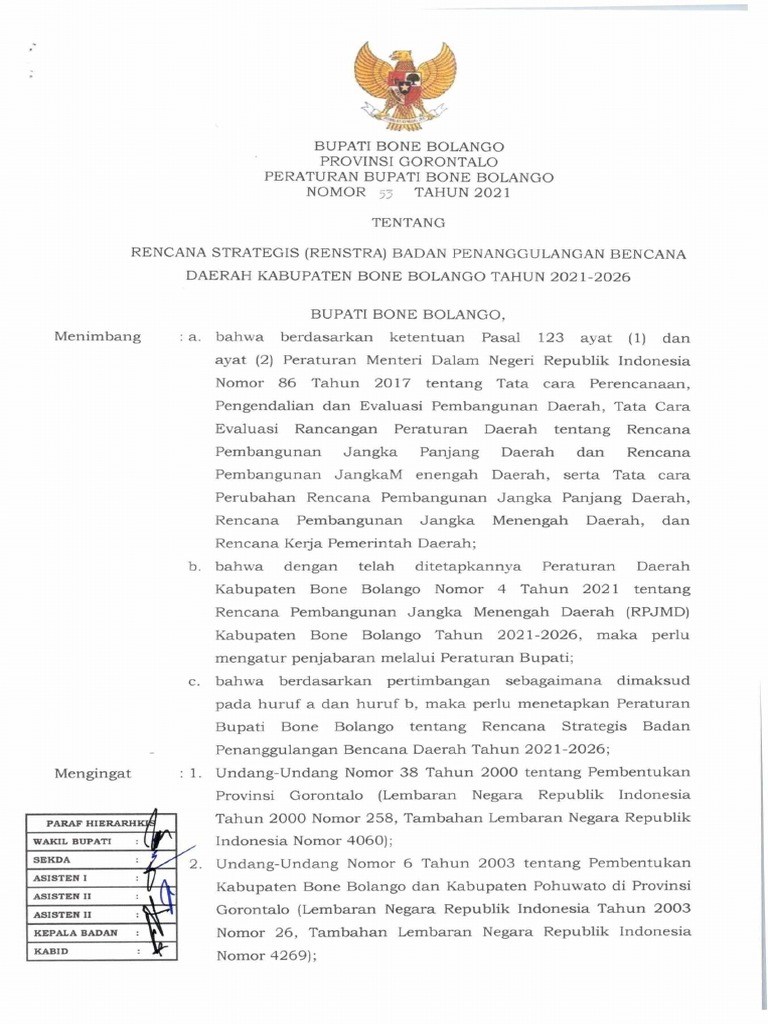 Perbup No. 53 TH 2021 TTG Renstra Badan Penanggulangan Bncana Daerah Kab. Bonbol Tahun 2021-2026 ...