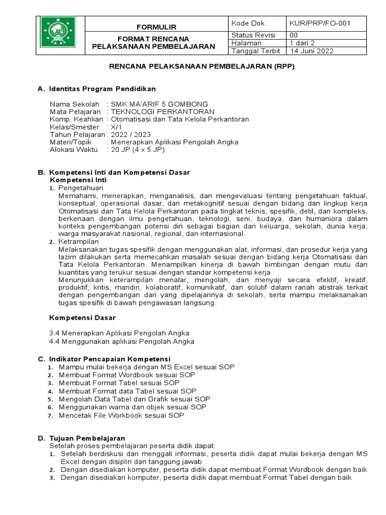 RPP TP Menerapkan Aplikasi Pengolah Angka | PDF