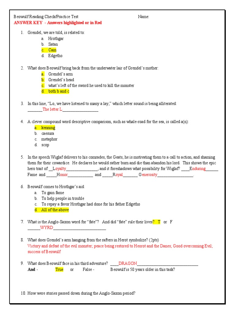 Beowulf Reading Check2012 10A Answer Key | PDF | Beowulf