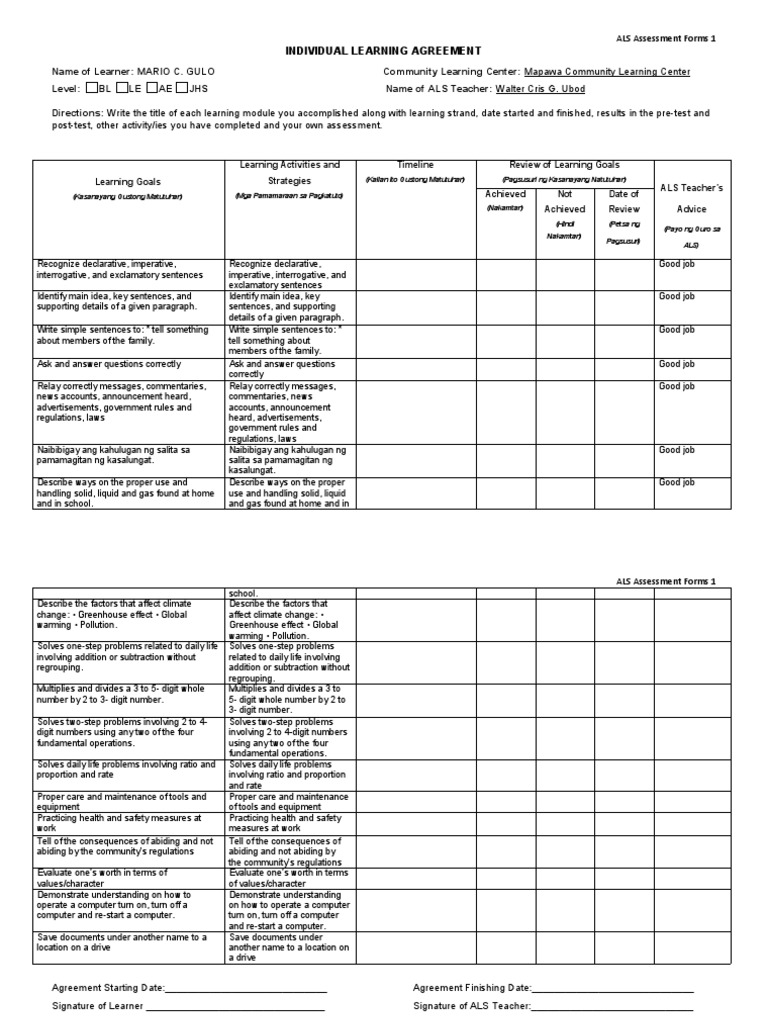 Individual Learning Agreement | PDF