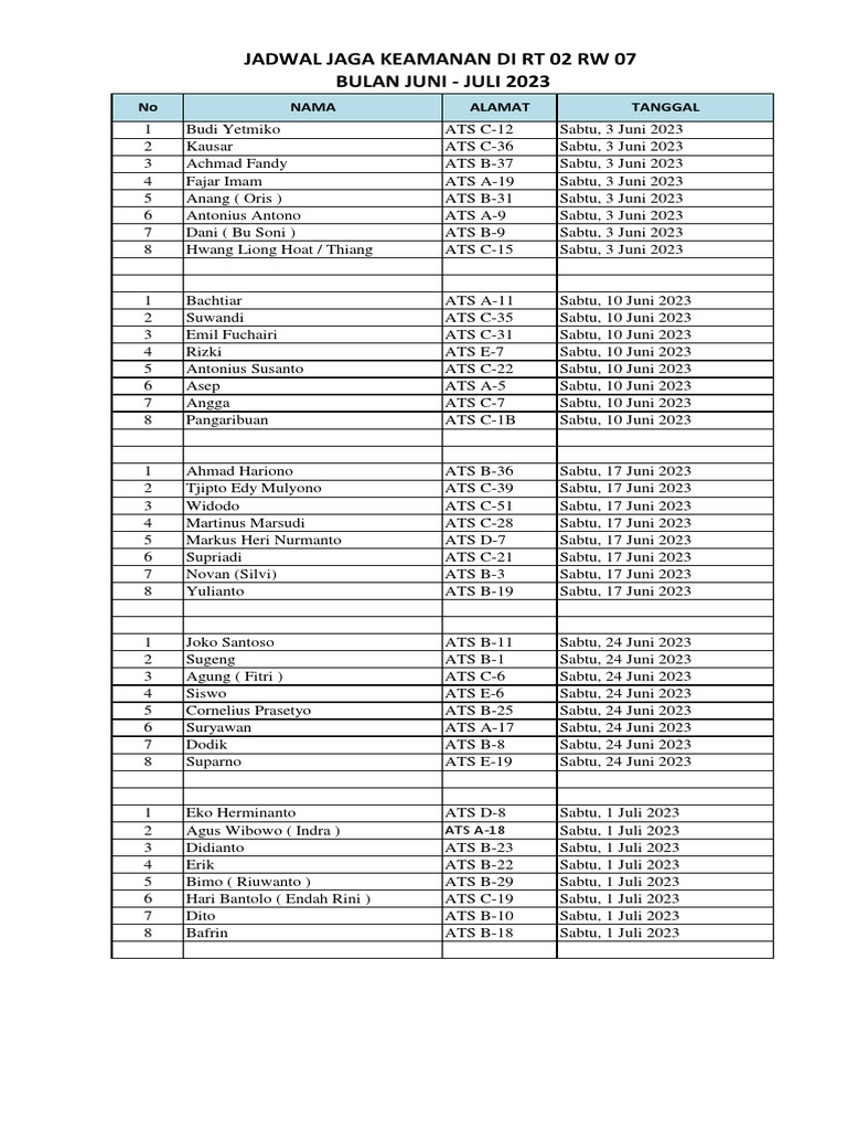6 Daftar Jaga Juni-Juli 2023 | PDF