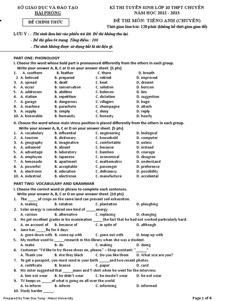 De Thi Chuyen Anh | PDF | Invention | Adverb