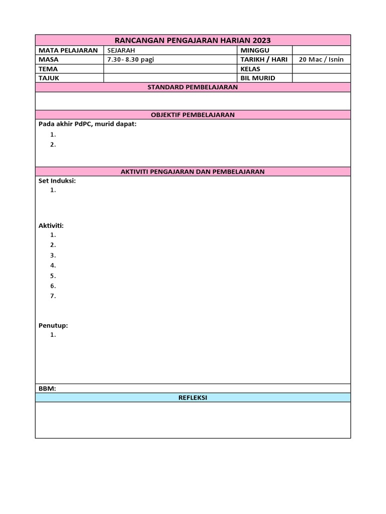 Template RPH Sejarah 2023 | PDF