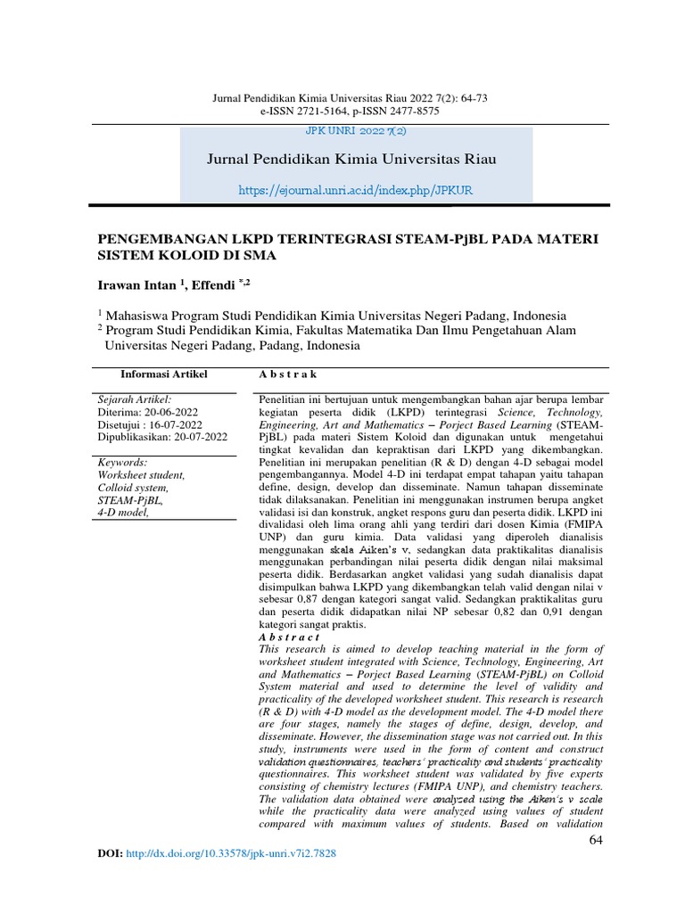 PENGEMBANGAN LKPD TERINTEGRASI STEAM-PjBL PADA MATERI | PDF