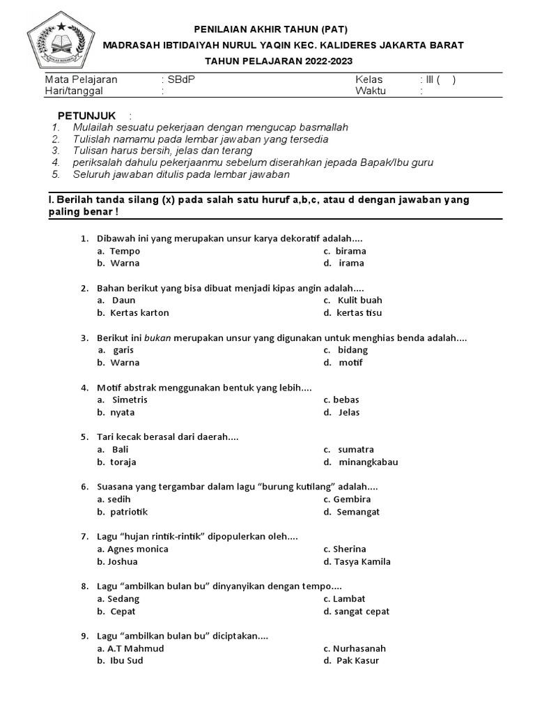 Soal PAT SBDP Kelas 3 2022-203 | PDF