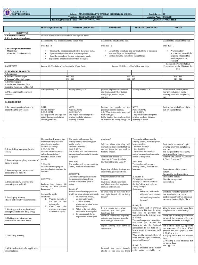 Science 4 - Q4 - W5 DLL | PDF | Learning | Water
