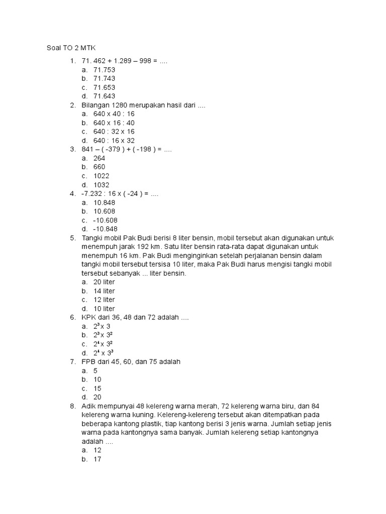 SOAL TO 2 MTK #2 | PDF